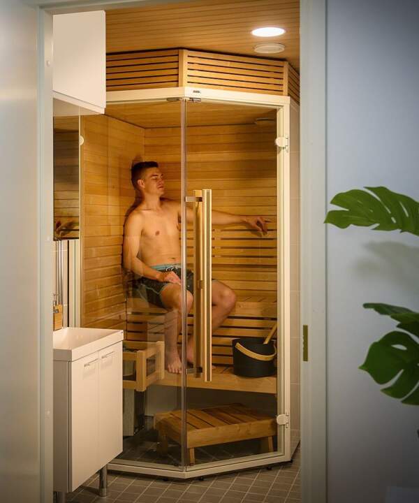 Harvia Sirius 2 Person Bathroom Corner Sauna Cabin Kit | Leisurequip