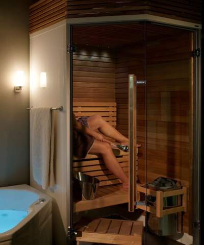Harvia Sirius 2 Person Bathroom Corner Sauna Cabin Kit | Leisurequip